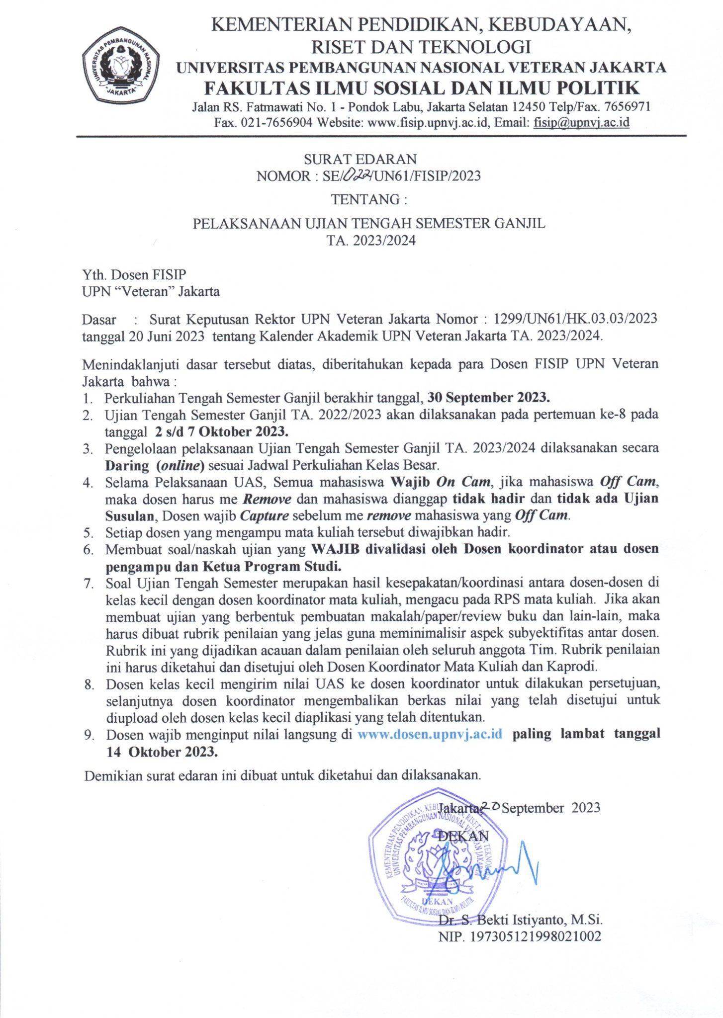 Surat Edaran Pelaksanaan Ujian Tengah Semester Ganjil TA. 2023/2024 — Fakultas Ilmu Sosial dan ...